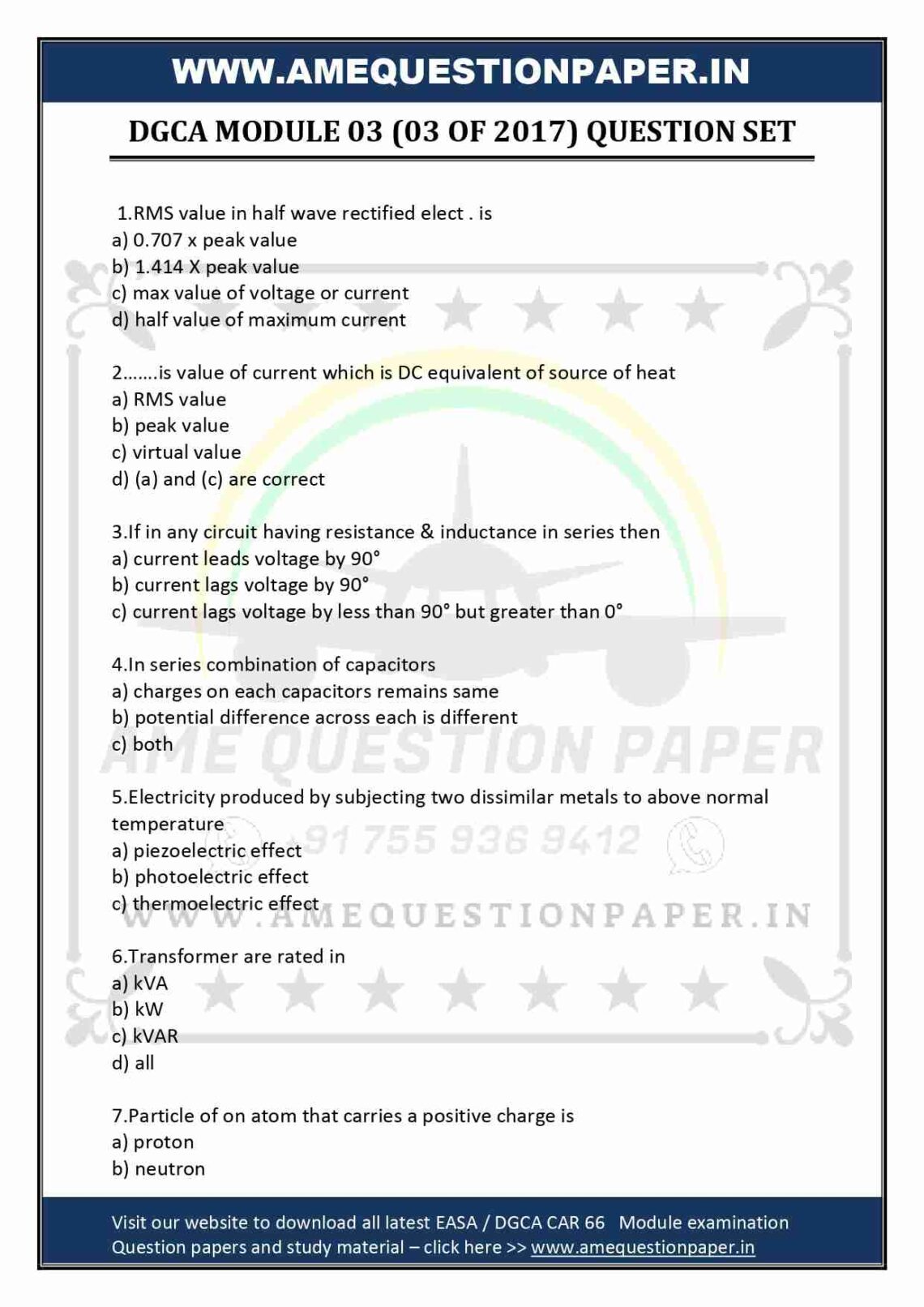 DGCA AME MODULE 3 ELECTRICAL PREVIOUS QUESTION PAPER