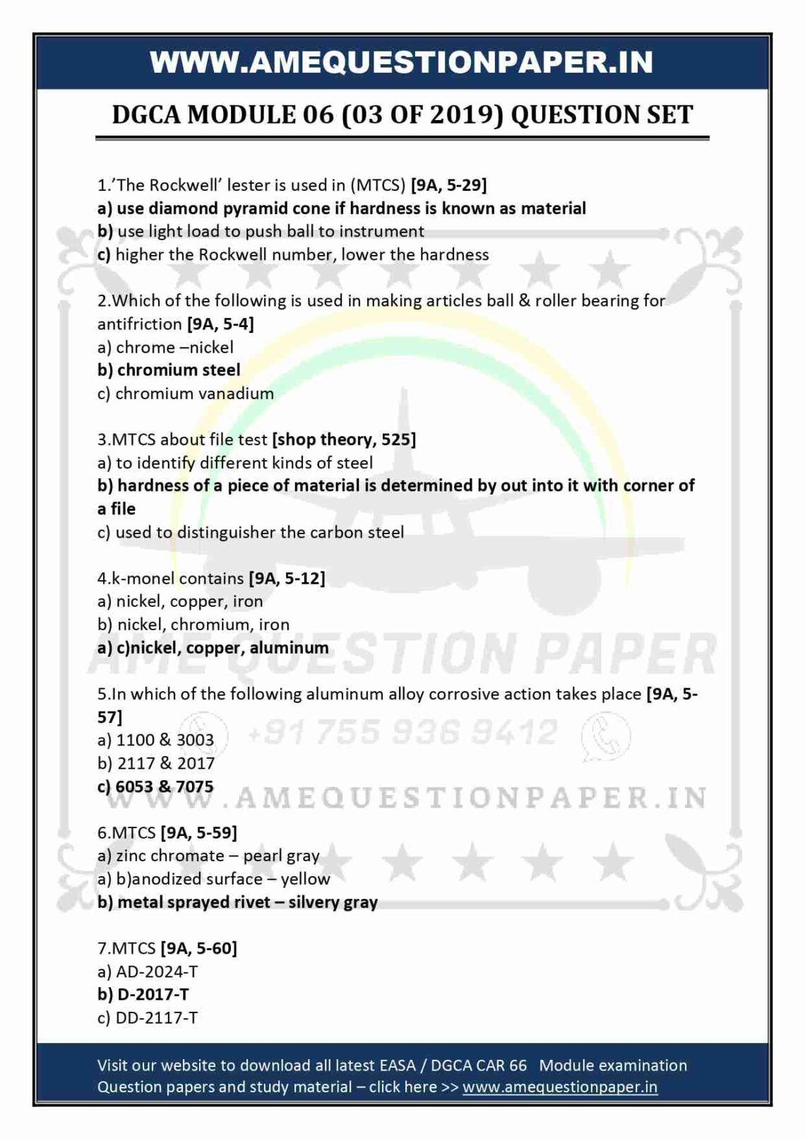DGCA AME MODULE 6 B1 & B2 MATERIALS & HARDWARE PREVIOUS QUESTION PAPER