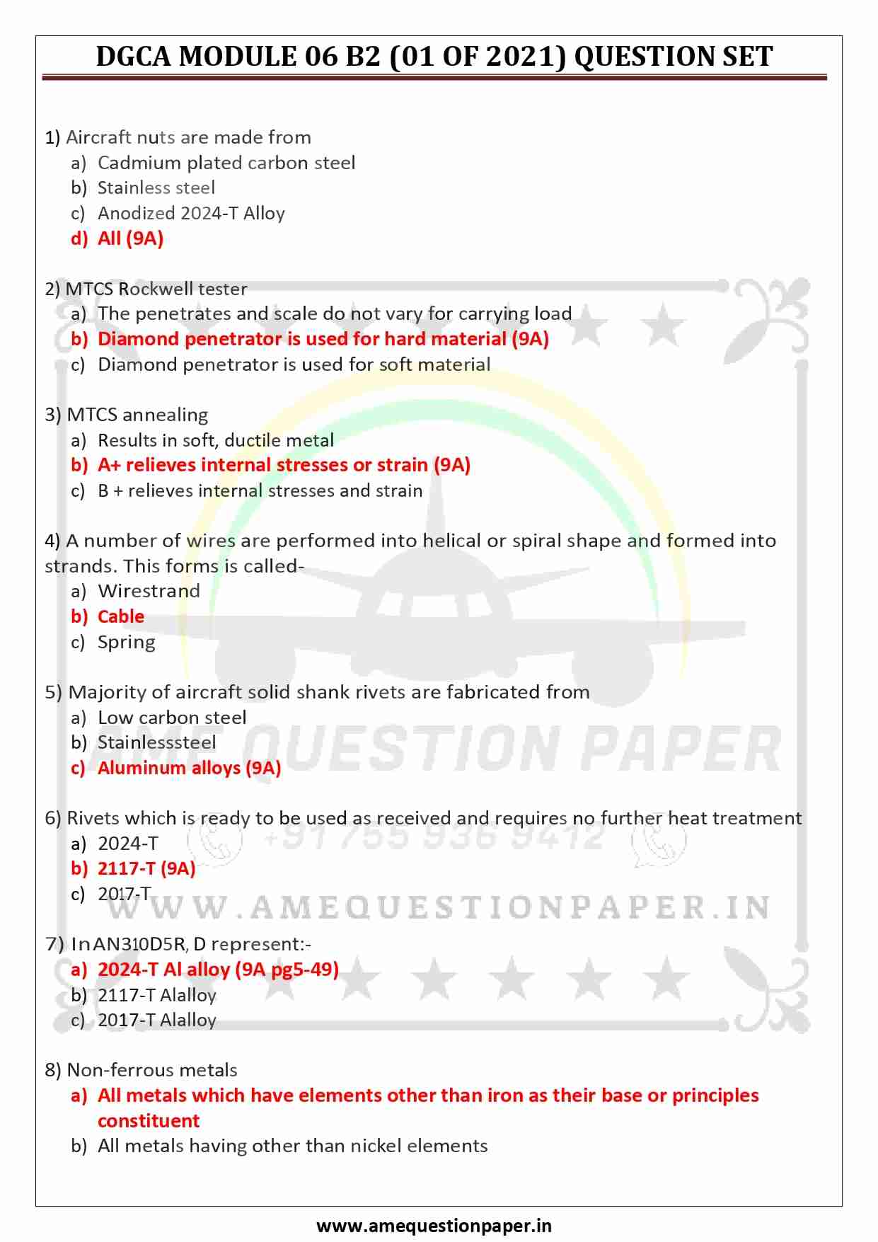 DGCA AME MODULE 6 B1 & B2 MATERIALS & HARDWARE PREVIOUS QUESTION PAPER