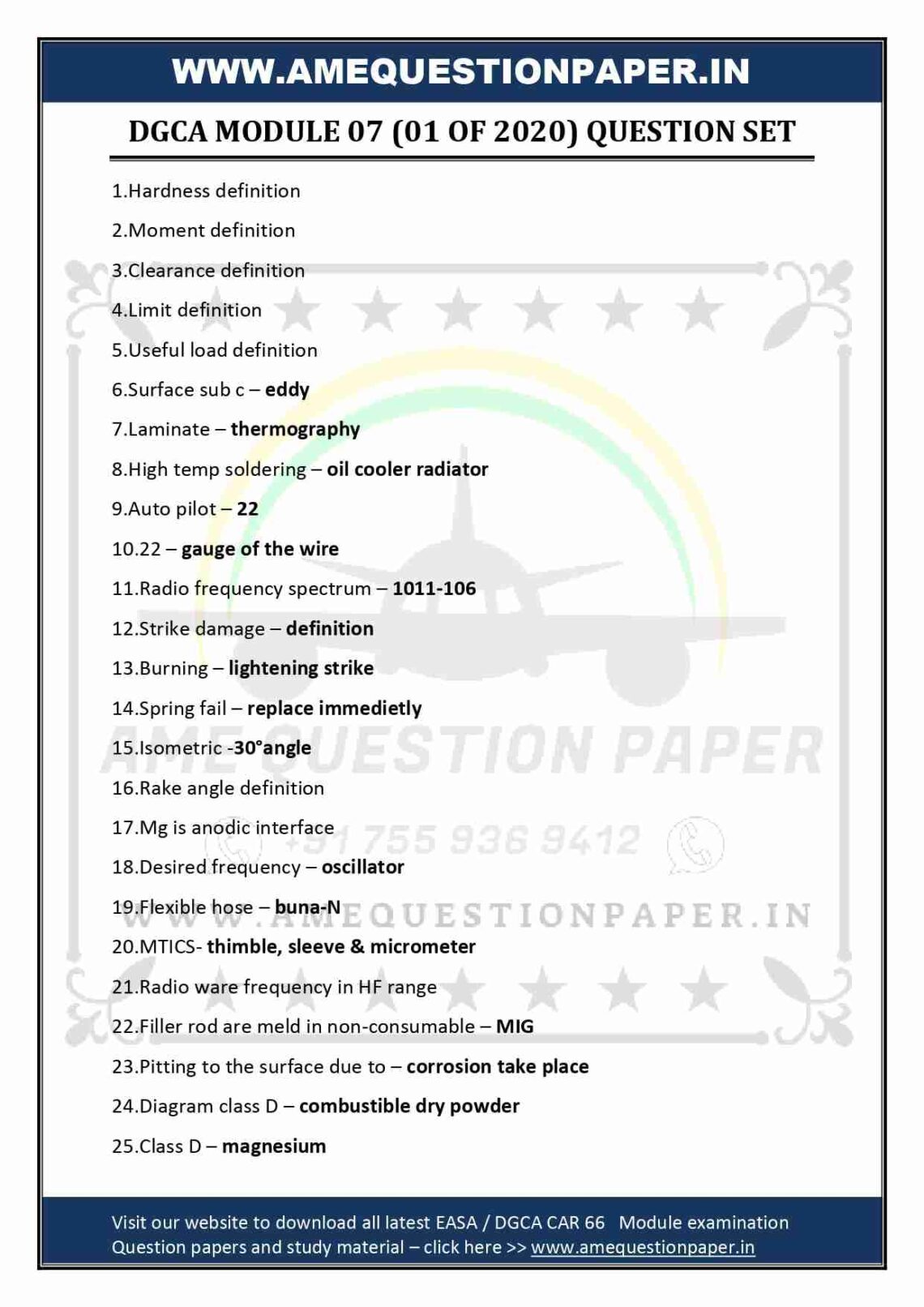 DGCA AME MODULE 7 B1 & B2 MAINTENANCE PRACTICES PREVIOUS QUESTION PAPER