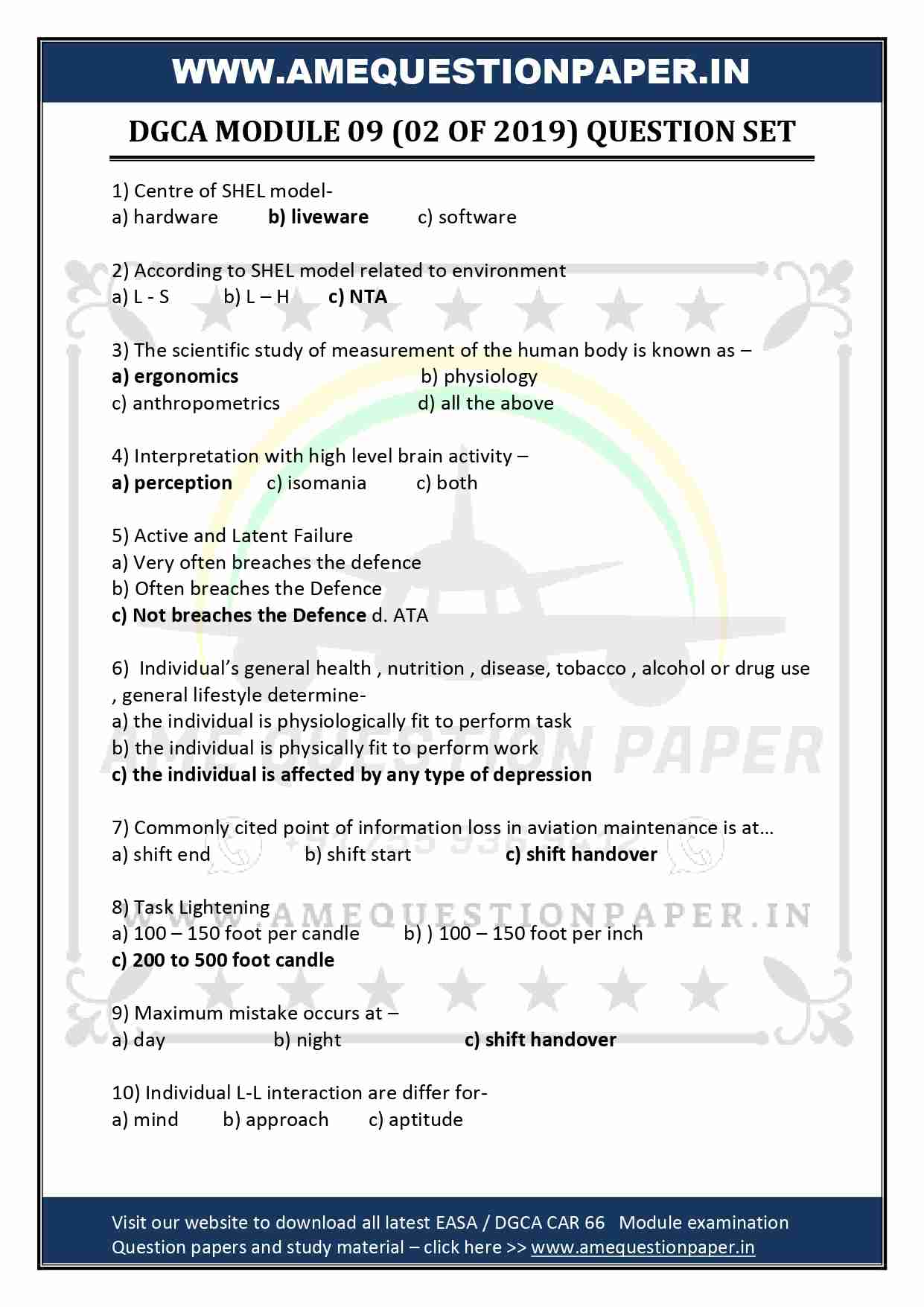 DGCA AME MODULE 9 HUMAN FACTOR PREVIOUS QUESTION PAPER