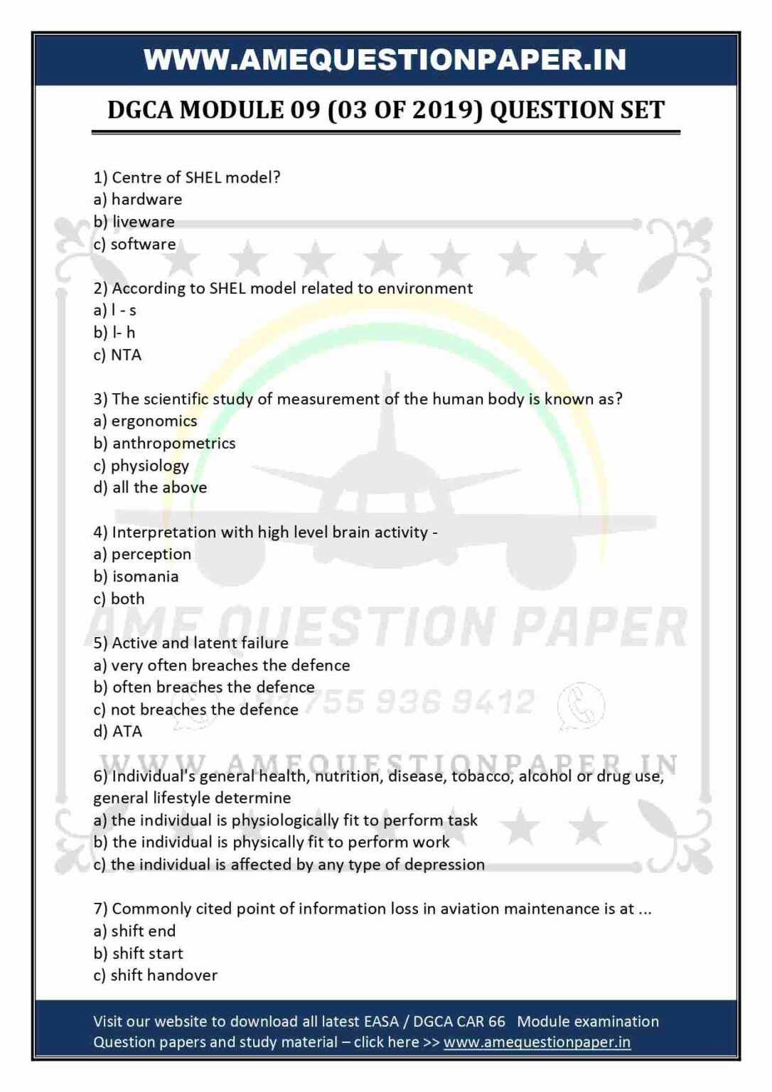 DGCA AME MODULE 9 HUMAN FACTOR PREVIOUS QUESTION PAPER