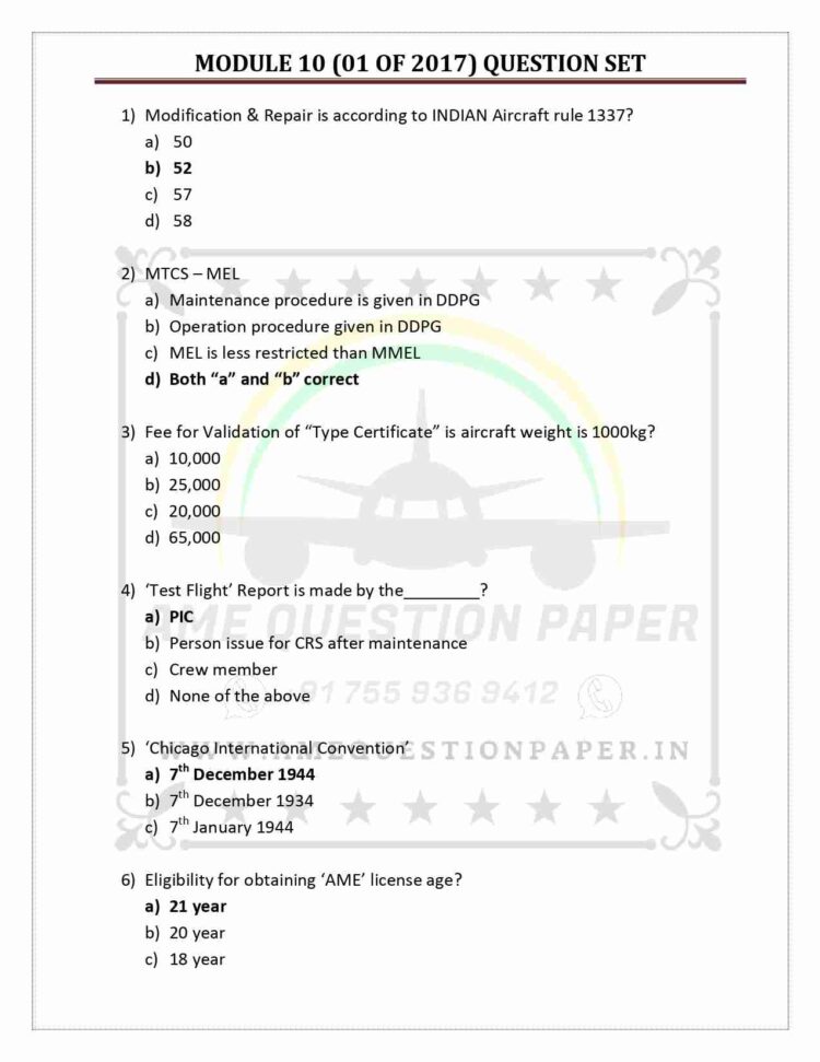 DGCA AME MODULE 10 CAR PREVIOUS QUESTION PAPER